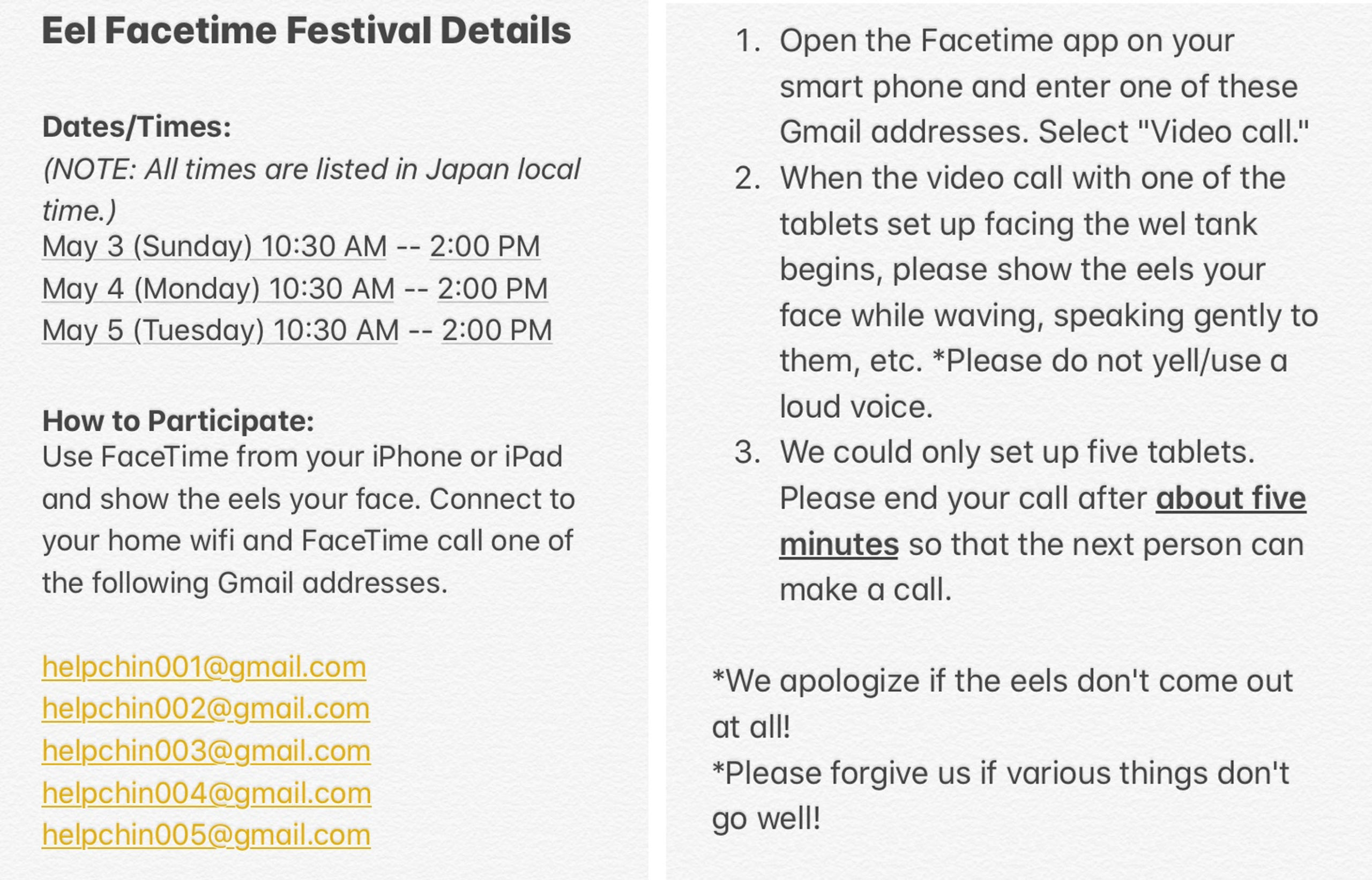Sumida Aquarium Asks People To FaceTime Lonely Eels